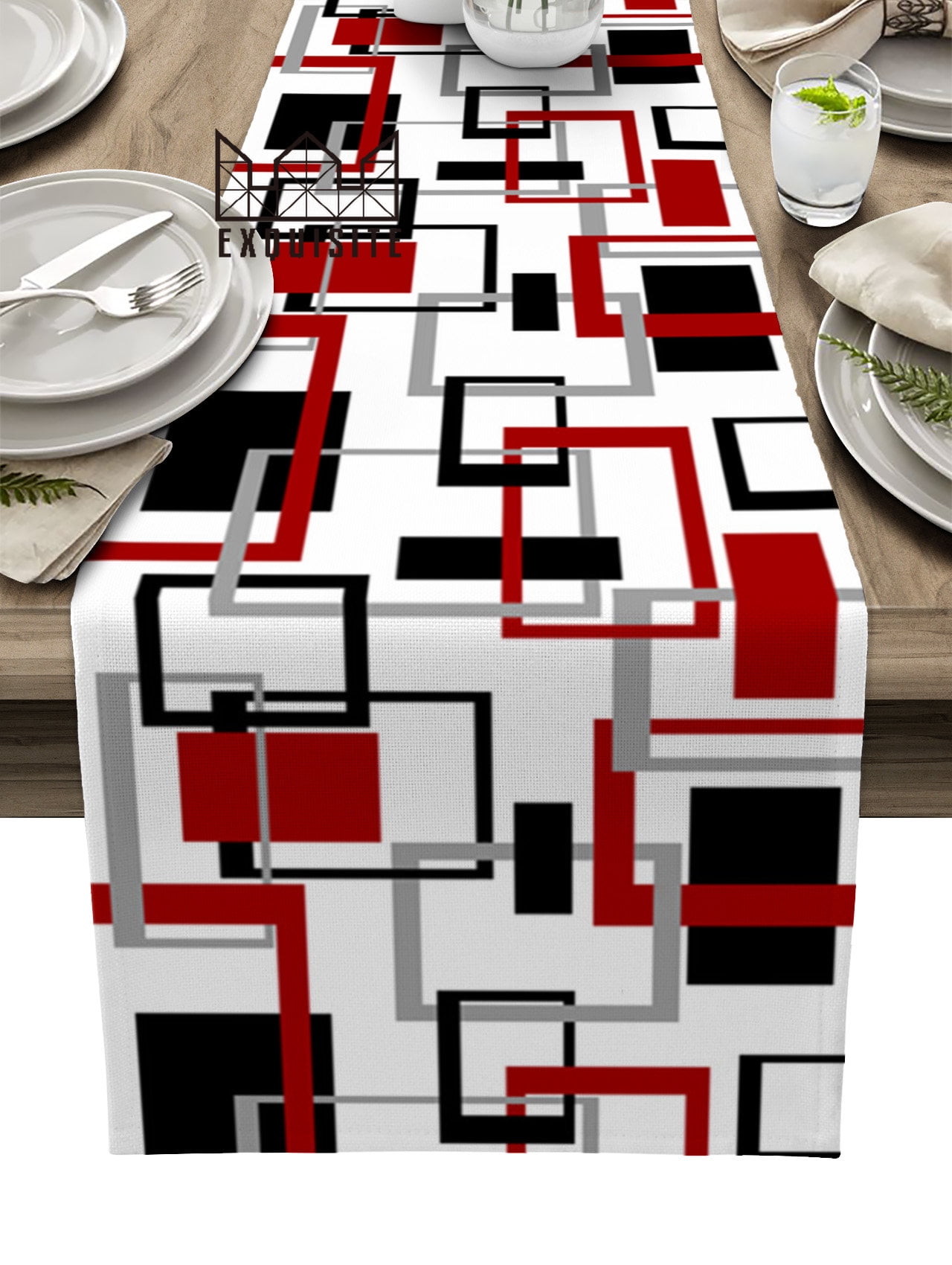 Abstract Geometry Squares Modern Art Black Red Table Runner Wedding ...