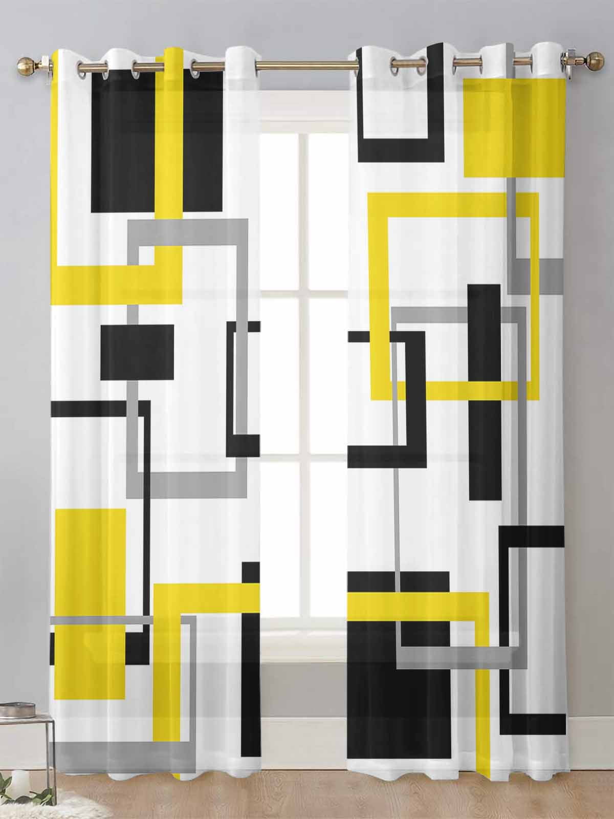 Abstract Geometry Squares Modern Art Black Yellow Sheer Curtains Living ...