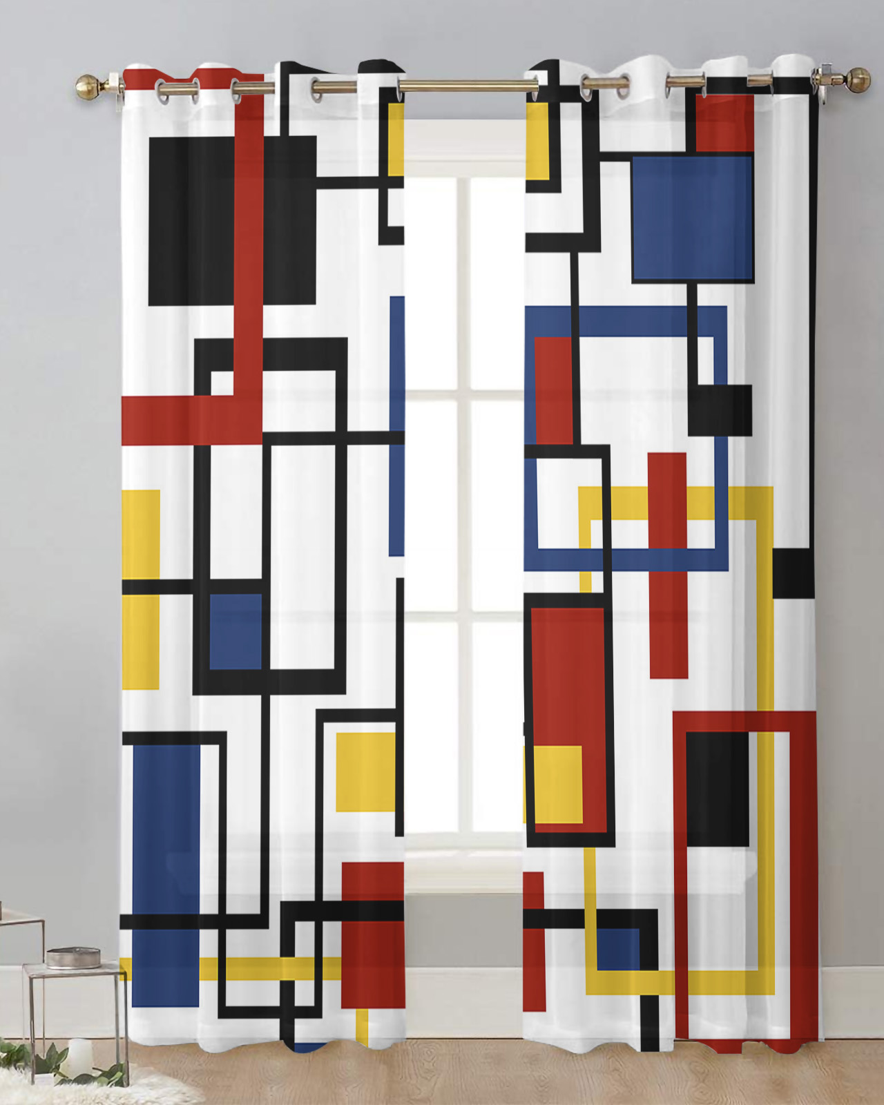 Abstract Geometry Squares Modern Art Black Yellow Sheer Curtains Living ...