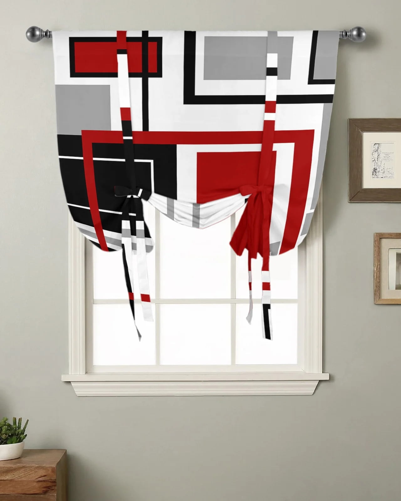 Abstract Geometry Squares Modern Art Red Kitchen Short Window Curtain ...