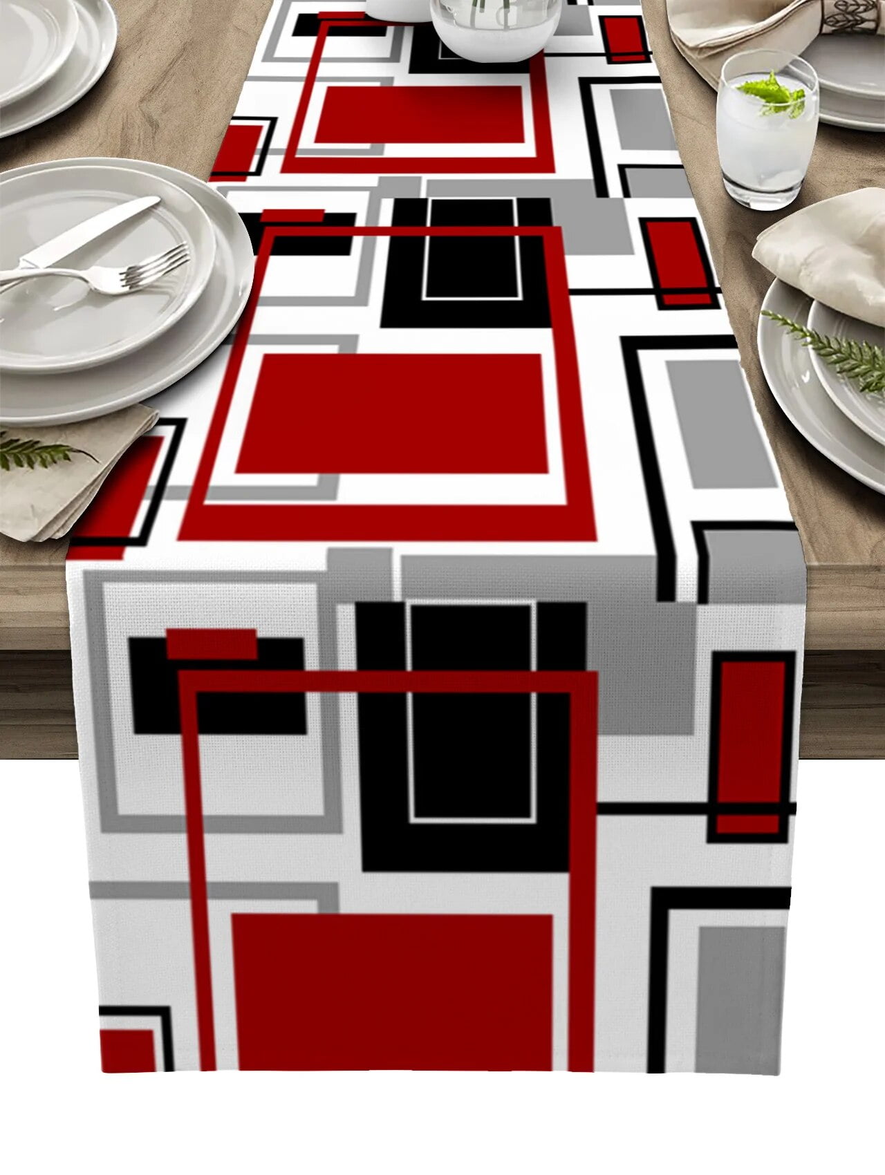 Abstract Geometry Squares Modern Art Red Linen Table Runner Kitchen ...