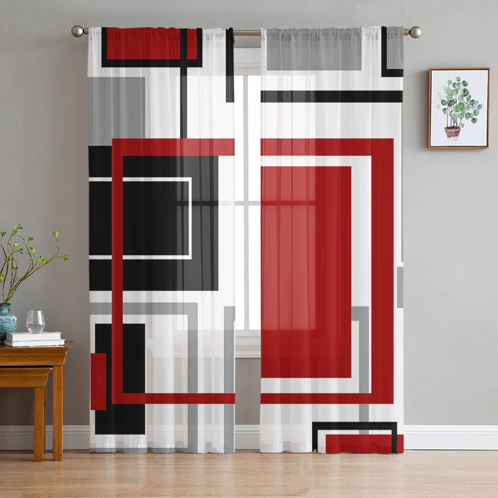 Abstract Geometry Squares Modern Art Red Tulle Curtains Living Room ...