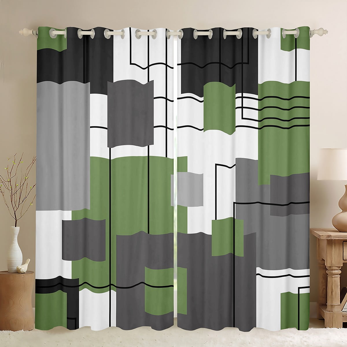 Abstract Geometry Window Curtains 42"Wx63"L Black Grey Green Window ...