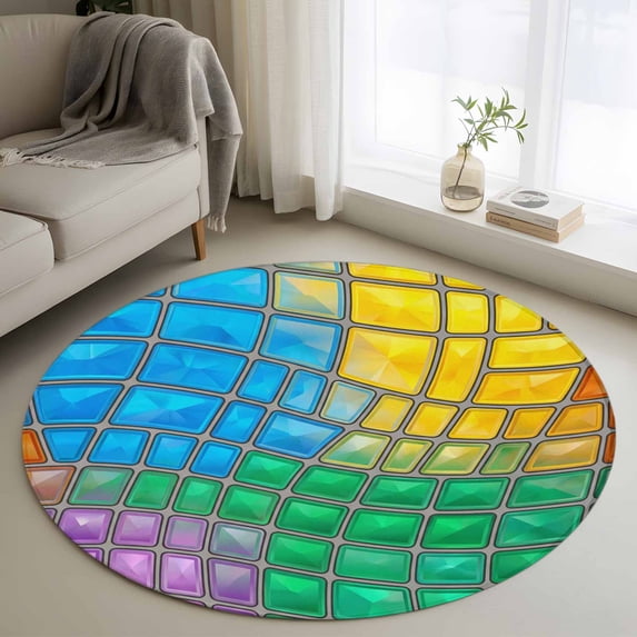 Abstract Glass 4FT Round Area Rugs Blue Yellow Purple Green Crystal ...