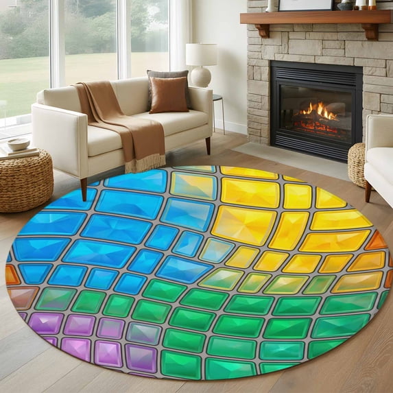 Abstract Glass 5FT Round Area Rugs for Living Room Blue Yellow Purple ...