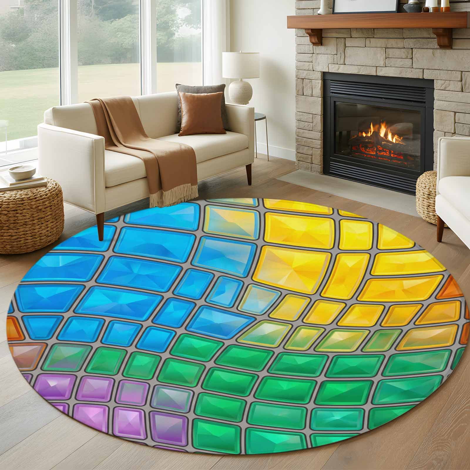 Abstract Glass 7FT Round Area Rugs for Living Room Blue Yellow Purple ...
