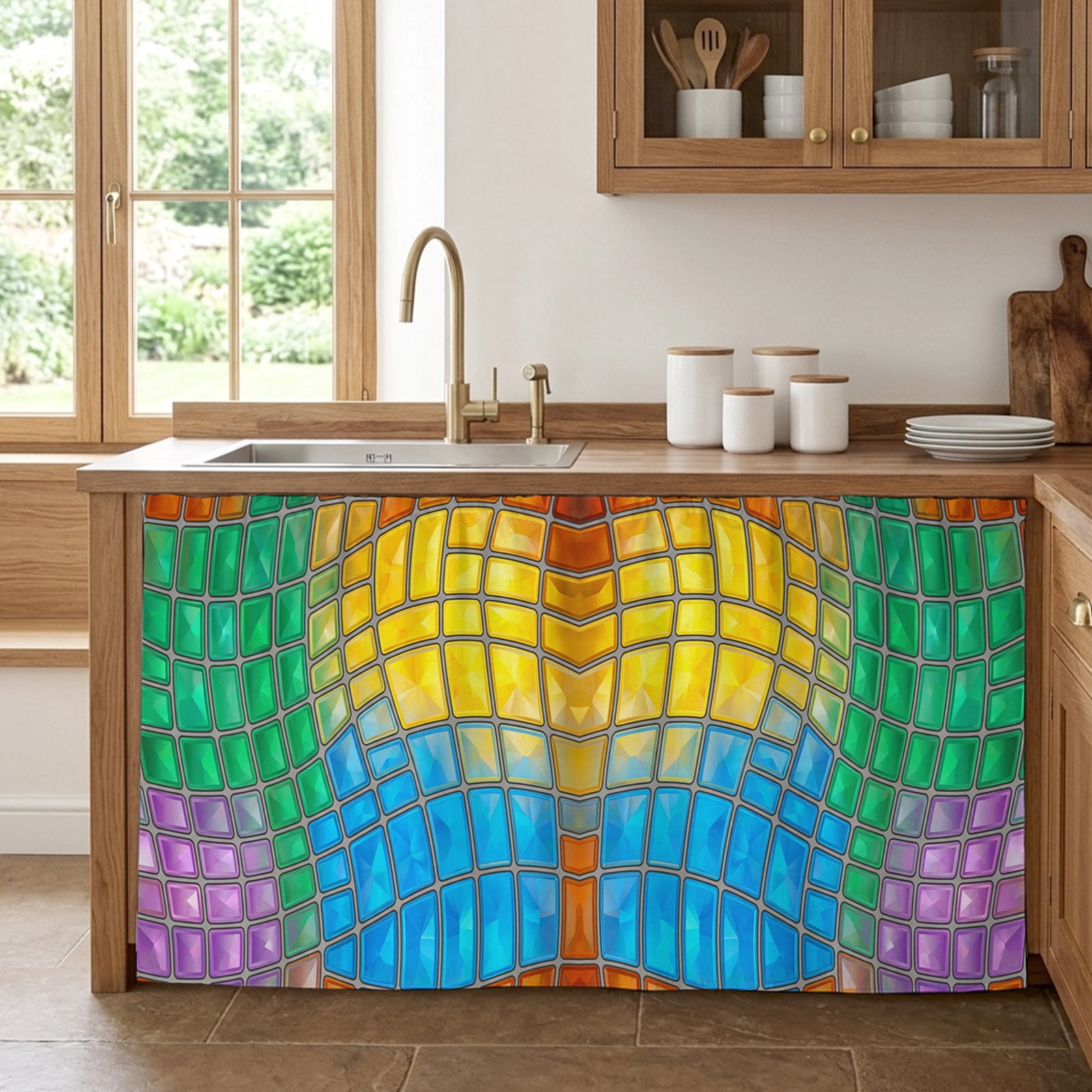 Abstract Glass Cabinet Curtains 32" W x 55" L, Blue Yellow Purple Green ...