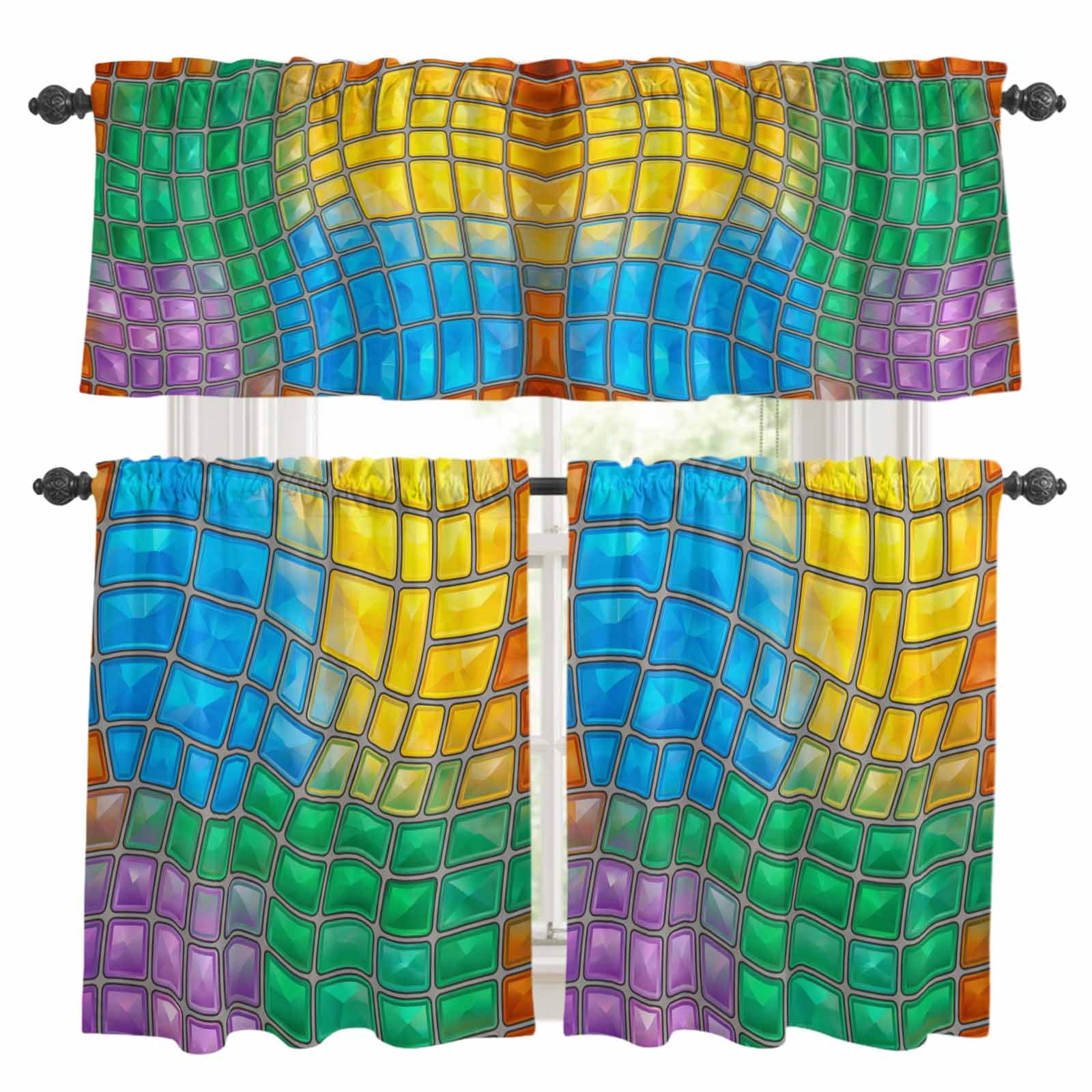 Abstract Glass Kitchen Curtains Set for Windows, Blue Yellow Purple ...