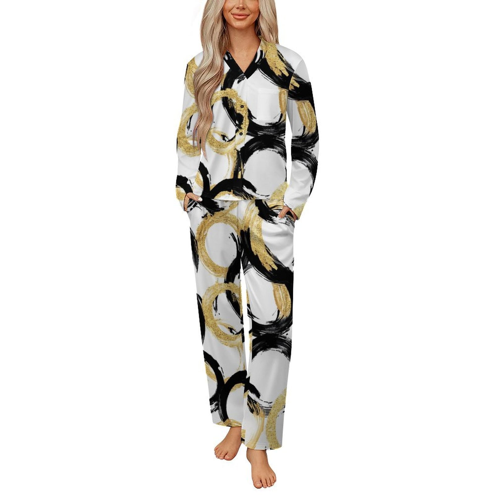 Abstract Gold Black Circles Pattern Womens Pyjamas Set Button Up ...
