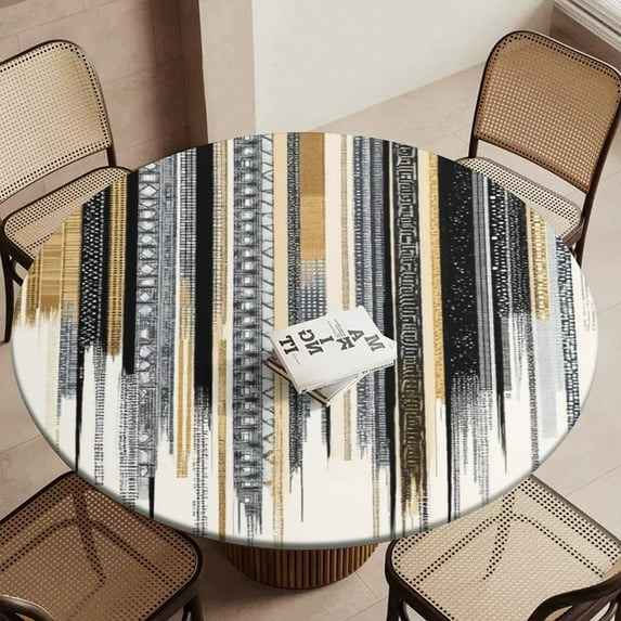 Abstract Gold Black Lines Art Round Table Cover Kitchen Printed ...
