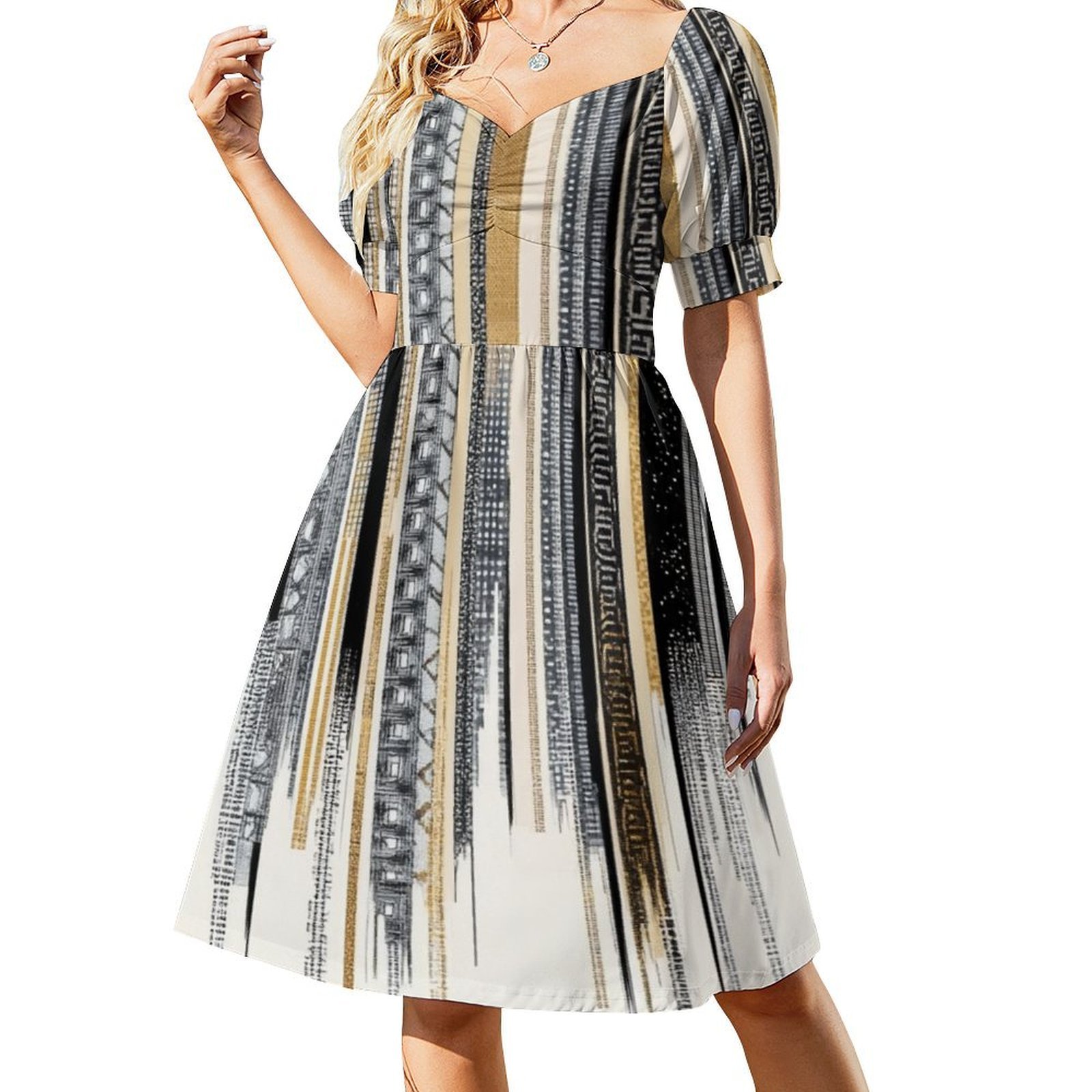 Abstract Gold Black Lines Art Short Sleeve Dress Clothes Women's Summer ...