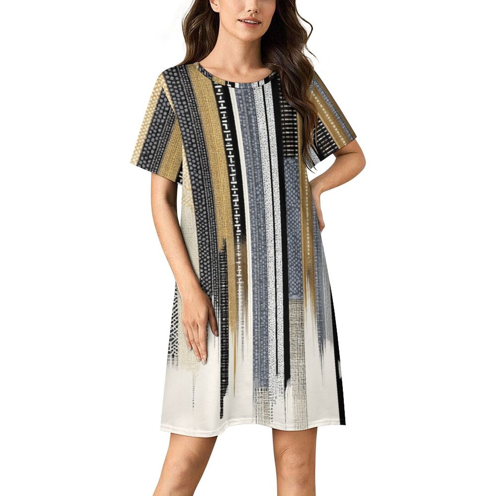 Abstract Gold Black Lines Art Women Nightgown Sleepwear Short Sleeves ...