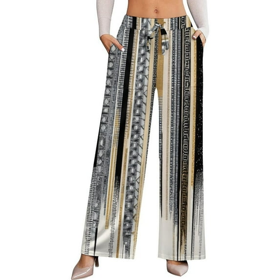 Abstract Gold Black Lines Art Women's Casual Wide Leg Pants Comfort ...