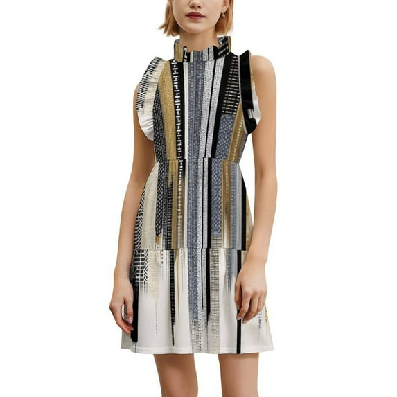 Abstract Gold Black Lines Art Women's Fashion Casual Dress Summer Stand ...