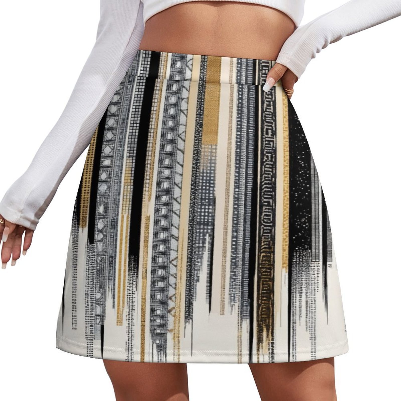 Abstract Gold Black Lines Art Women's High Waist Skirt Stretchy Casual ...