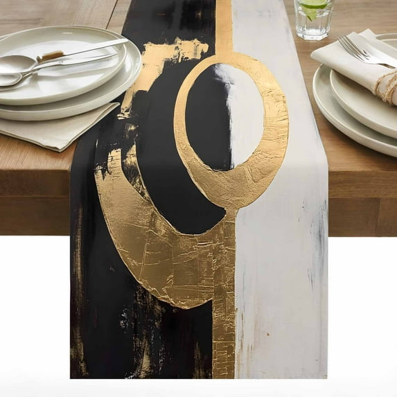 Abstract Gold Black Table Runner 13x36 inch Watercolor Modern Cotton ...