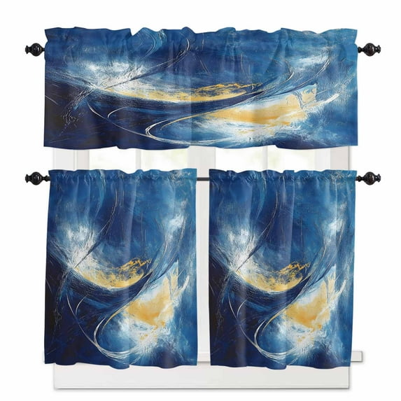 Abstract Gold Blue Sky Kitchen Curtains Valance and Tier Set Vintage ...