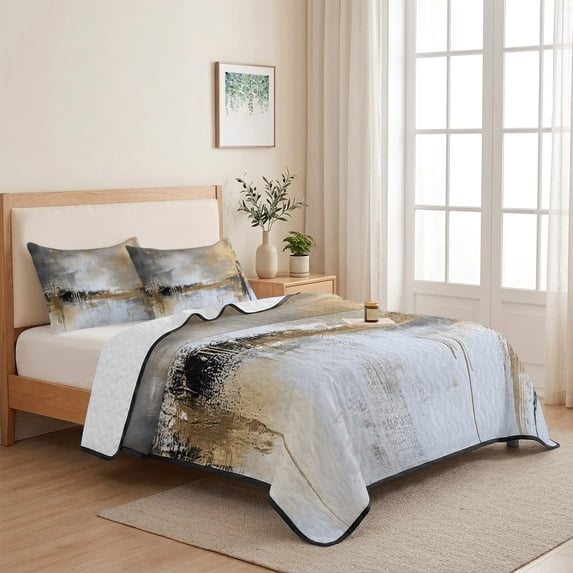 Abstract Gold Brown Artwork 3 Pieces Quilt Set,1 Quilt with 2 Shams ...