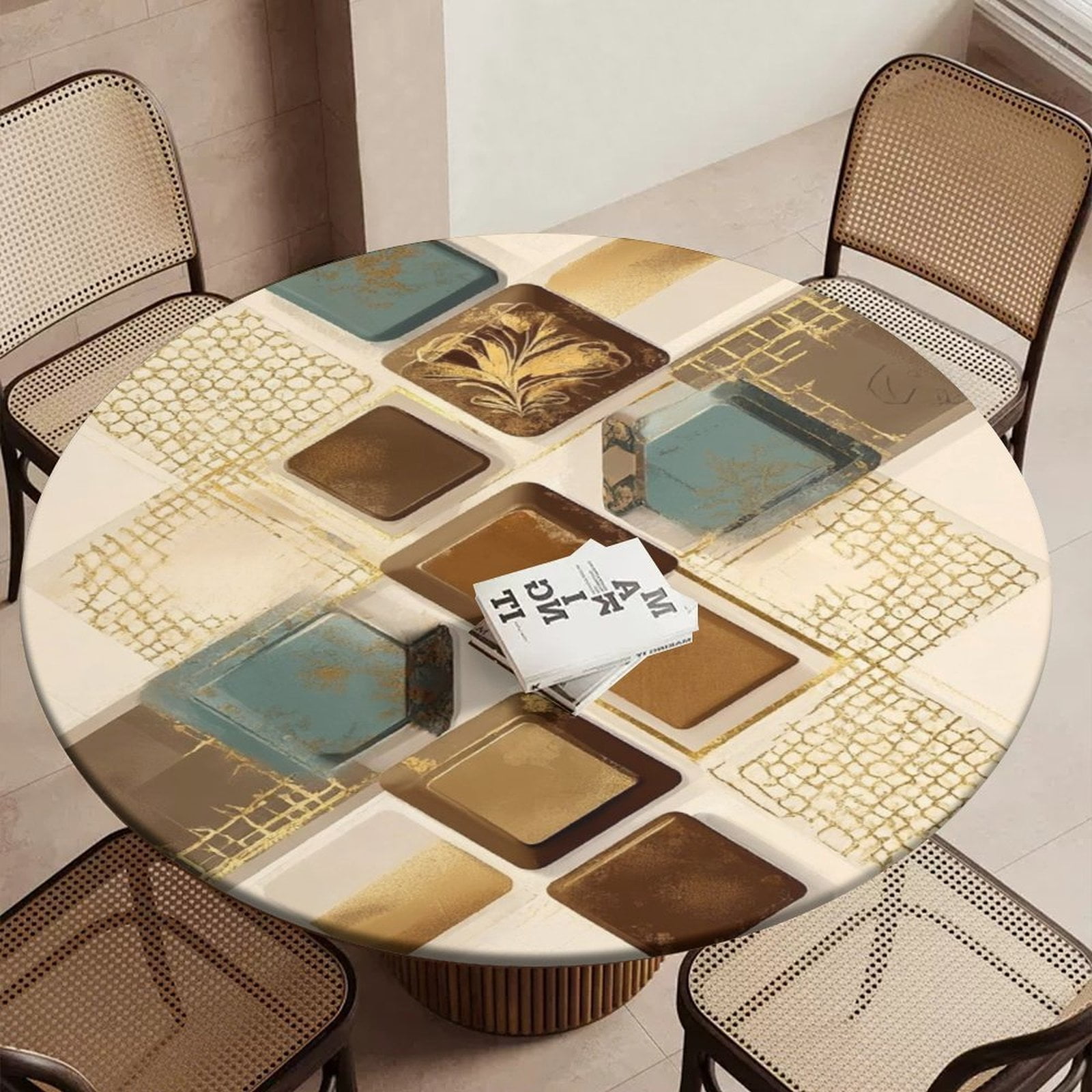 Abstract Gold Brown Squares Design Round Table Cover Kitchen Printed ...