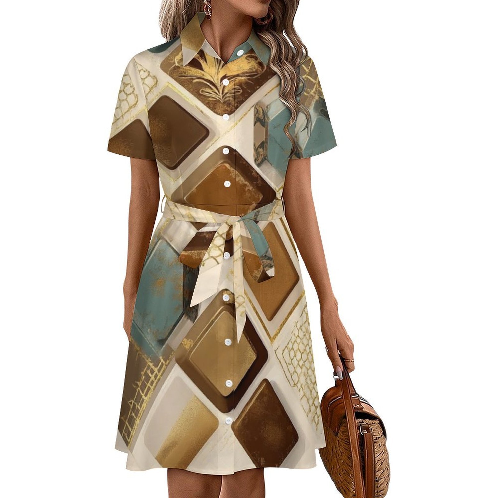 Abstract Gold Brown Squares Design Womens Shirt Dresses Women'S Short ...