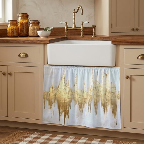 Abstract Gold Cabinet Curtains 28"W x 35"L, Modern Minimalist Art White ...