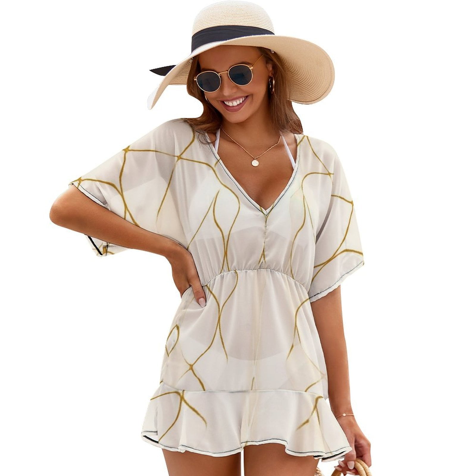 Abstract Gold Cream Wavy Lines Beach Cover Ups Women V Neck Short ...