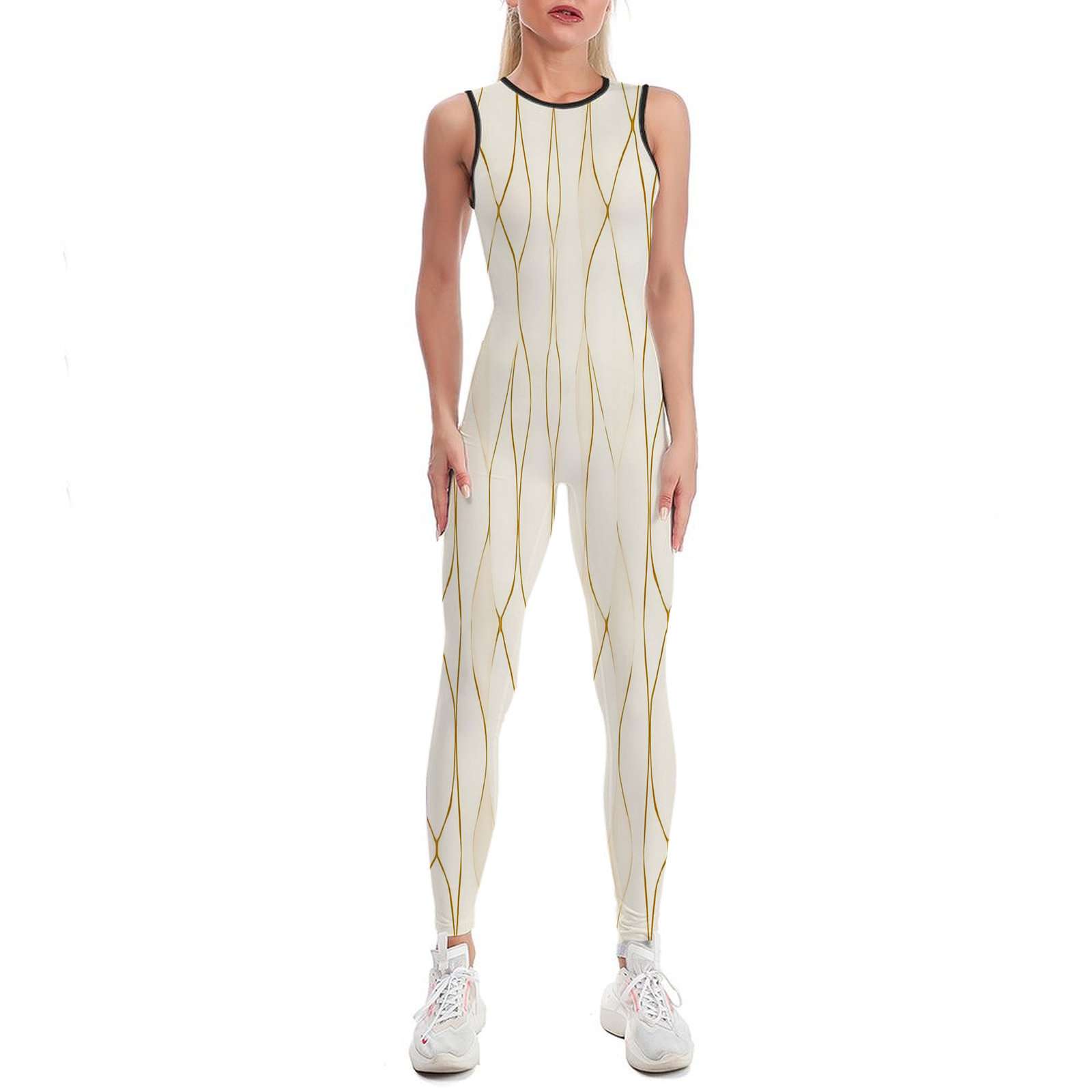 Abstract Gold Cream Wavy Lines Women's One Piece Yoga Jumpsuits ...