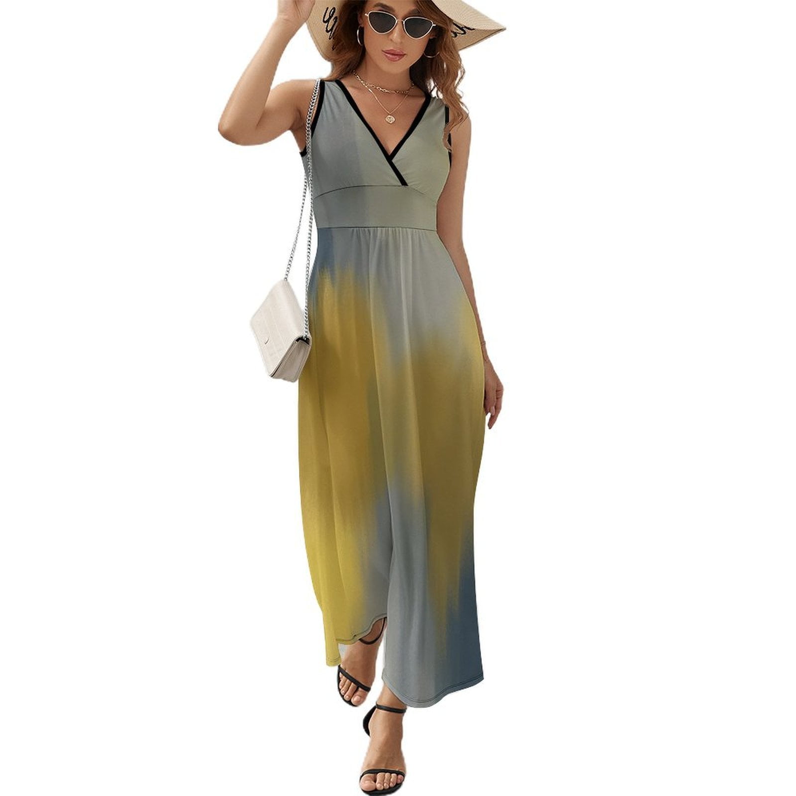 Abstract Gold Grey Blue Art Dress Summer Street Style Bohemia Long ...