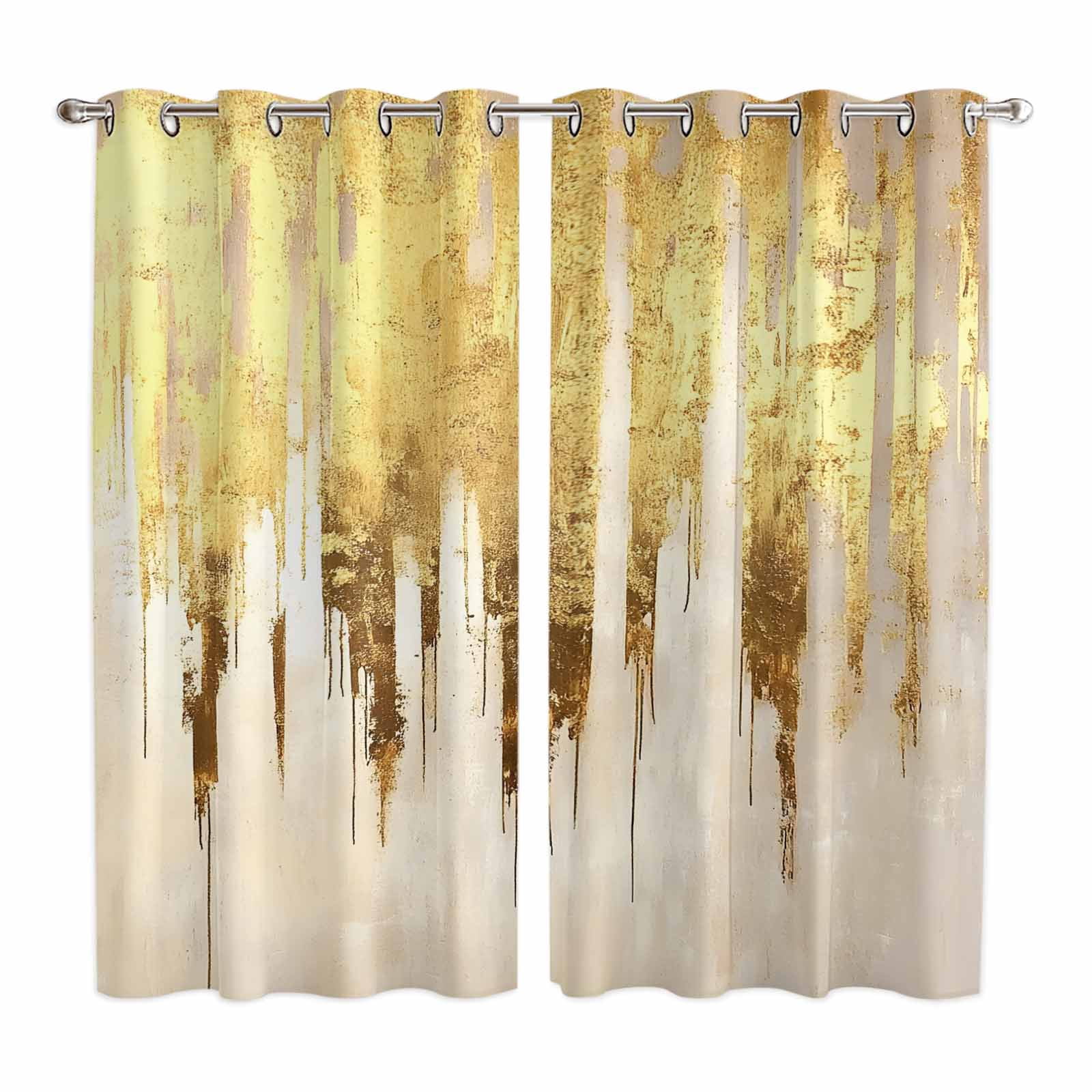 Abstract Gold Kitchen Curtains 63 Inch Length, Modern Brush Luxury ...