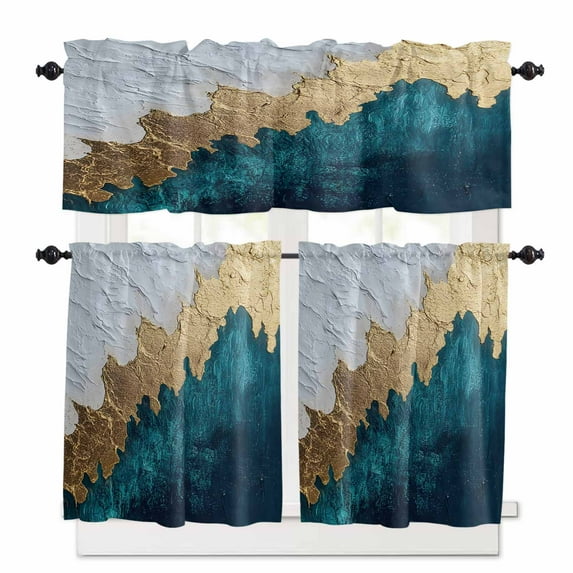 Abstract Gold Kitchen Curtains Valance and Tier Set White Green Color ...