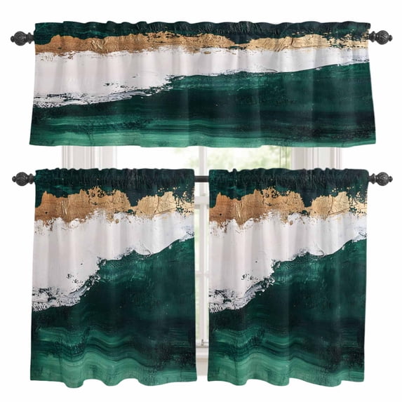 Abstract Gold Kitchen Curtains Valance and Tier Set White Green Mottled ...