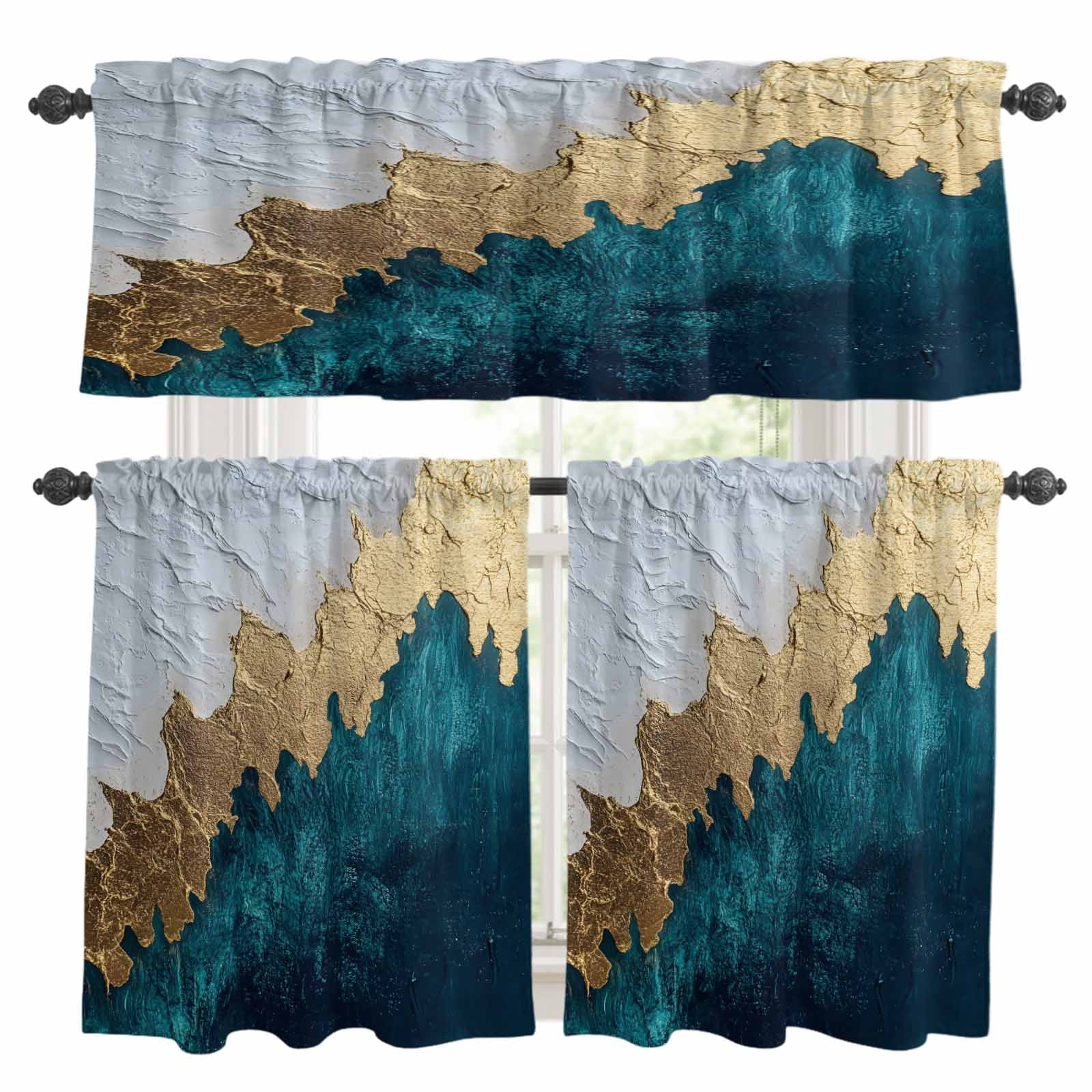 Abstract Gold Kitchen Curtains Valances and Tiers Set of 3 White Green ...
