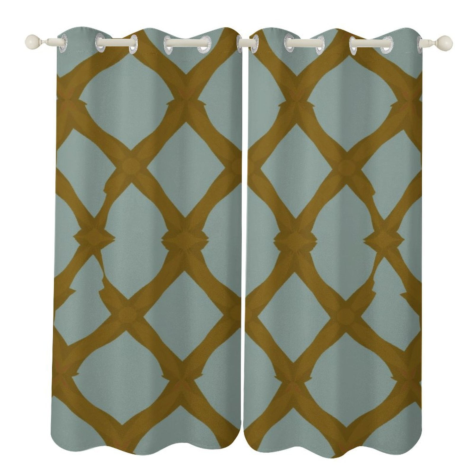 Abstract Gold Latticework Blue Background 2 Pieces Window Drape Curtain ...