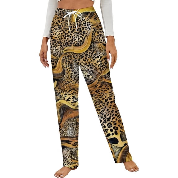 Abstract Gold Leopard Print Swirls Winter Female Pants Flannel High ...