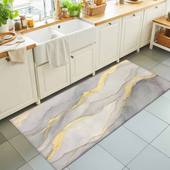 Abstract Gold Lines Marble Texture Rectangle Rug 2'x6' Grey Stone Art ...