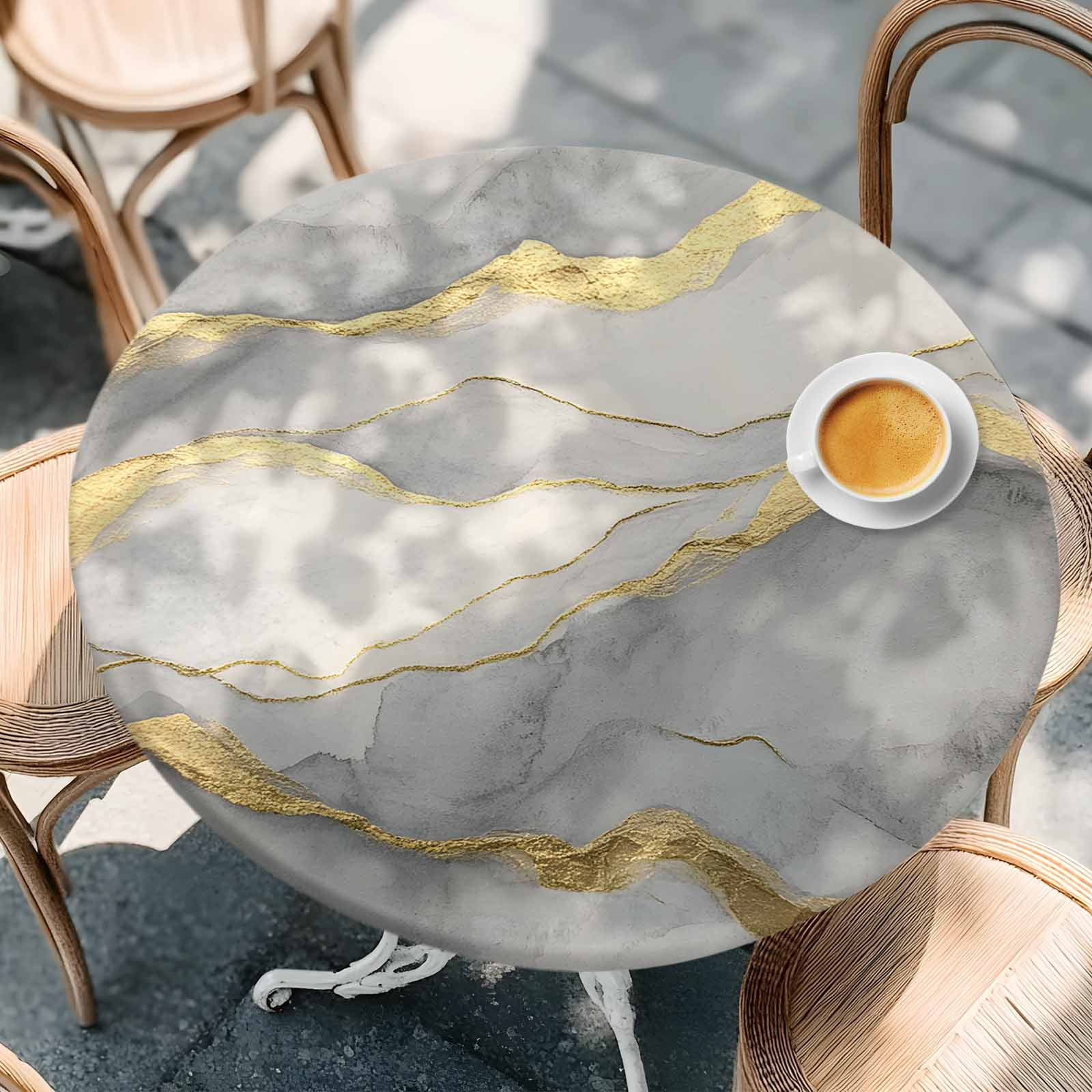 Abstract Gold Lines Marble Texture Round Fitted Tablecloth with Elastic ...
