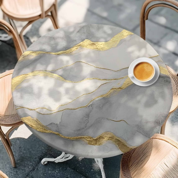 Abstract Gold Lines Marble Texture Round Fitted Tablecloth with Elastic ...
