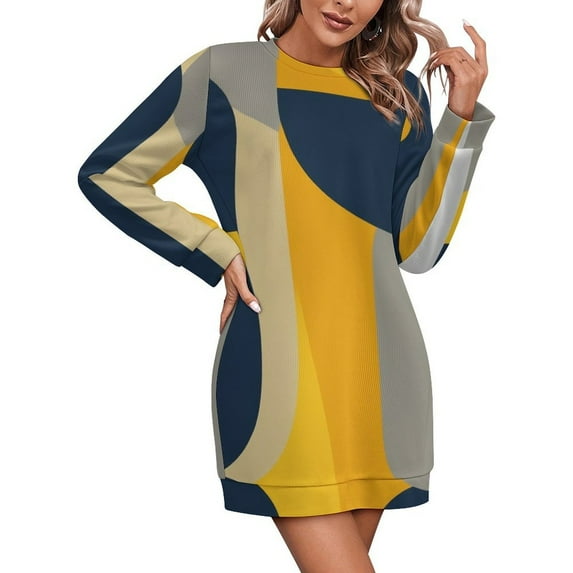 Abstract Gold Navy Grey Art Women Elegant Long Sleeve Warm Dress Autumn ...
