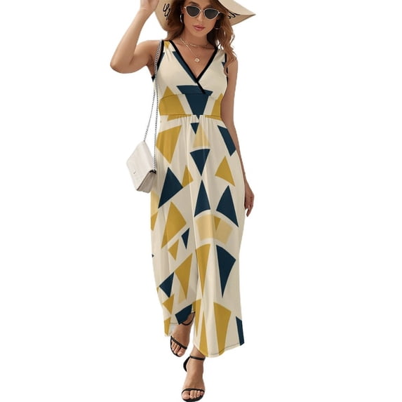 Abstract Gold Navy Triangle Pattern Dress Summer Street Style Bohemia ...