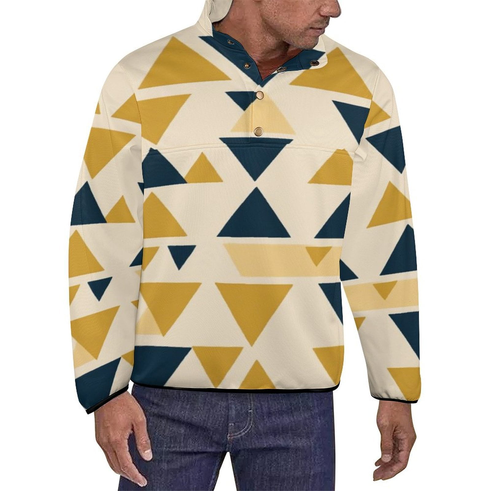Abstract Gold Navy Triangle Pattern Men's Stand Collar Sweater Long ...