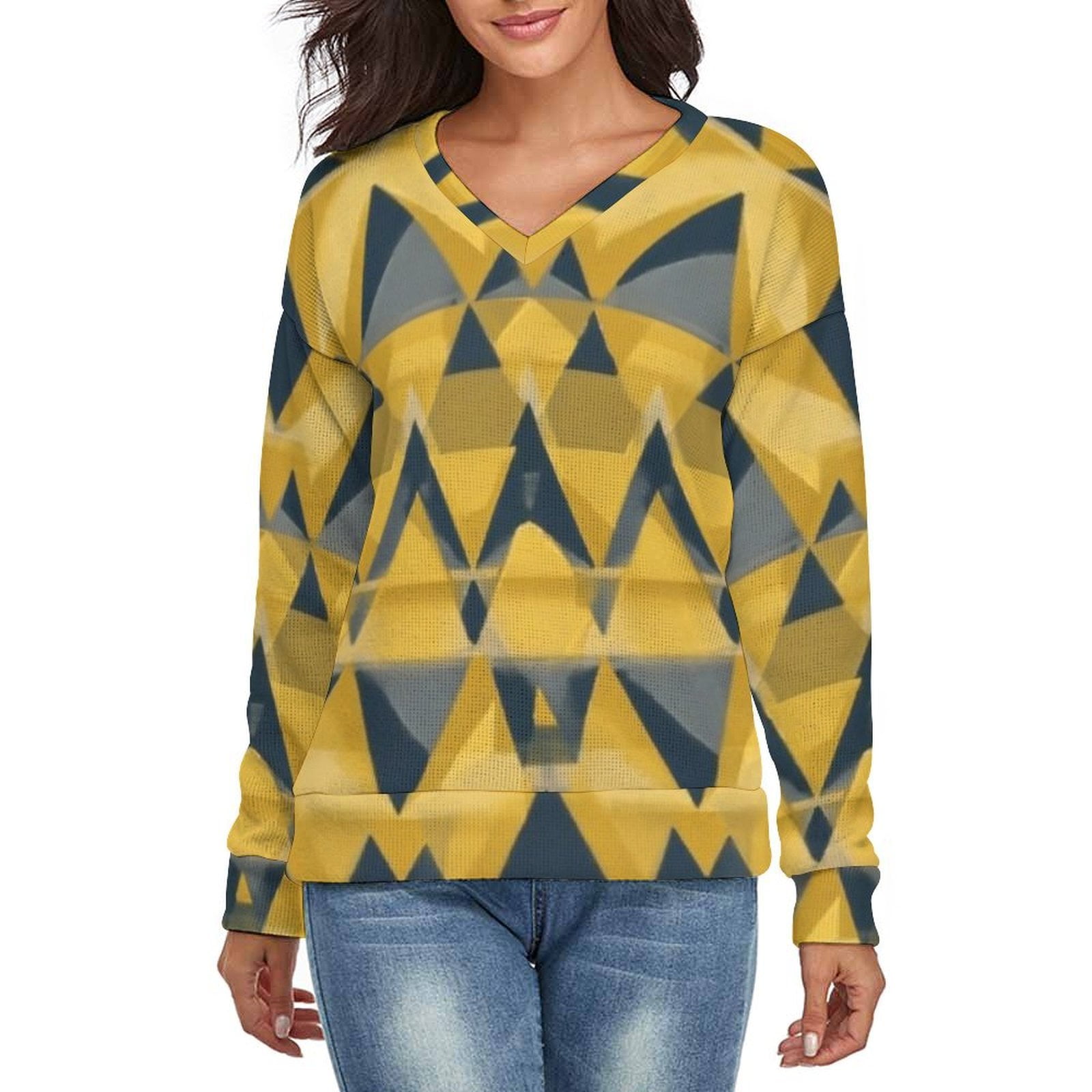 Abstract Gold Navy Triangle Pattern V-neck Sweater Winter Clothes Long ...