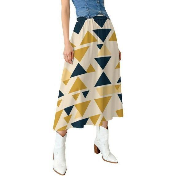 Abstract Gold Navy Triangle Pattern Women High Waist Midi Skirt Elegant ...