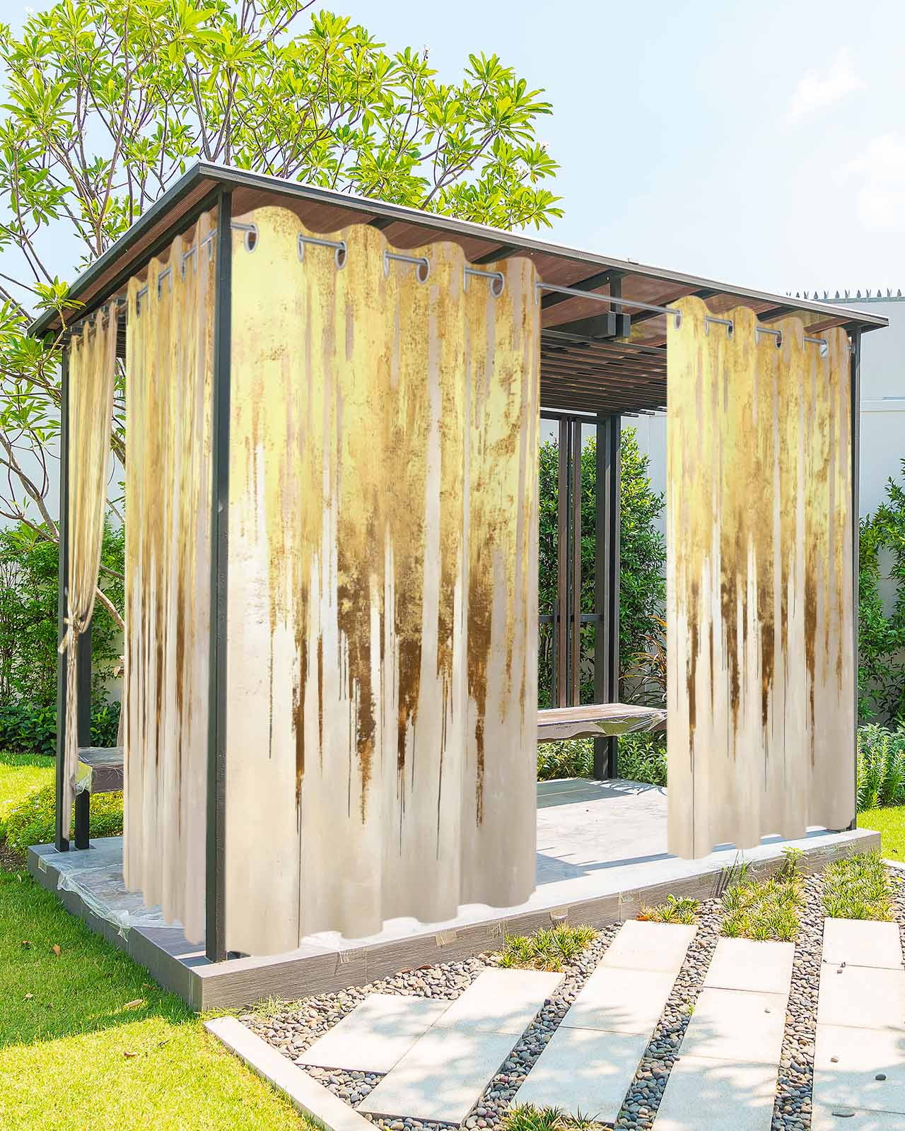 Abstract Gold Outdoor Curtains for Patio Waterproof, Modern Brush ...
