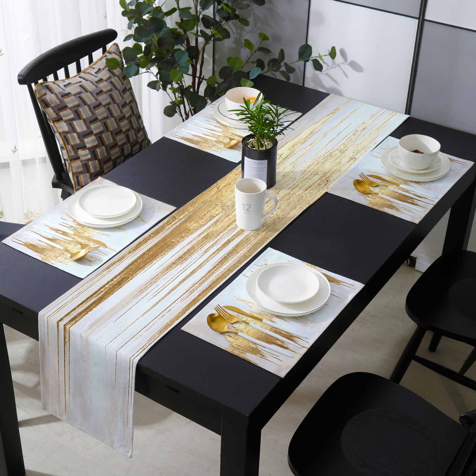 Abstract Gold Placemats Set of 6 with 90 Inches Long Table Runners ...