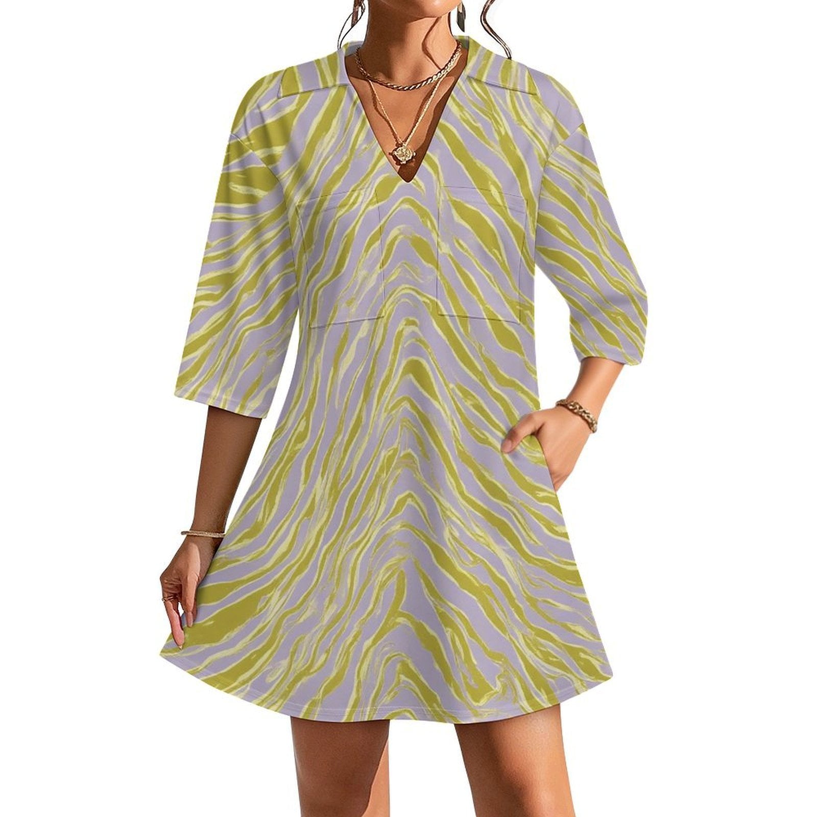 Abstract Gold Purple Wavy Lines Womens Dress With Pockets Summer V Neck ...