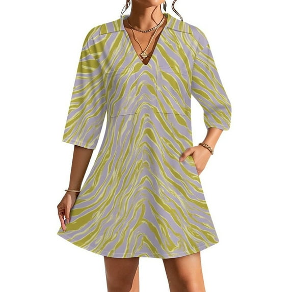 Abstract Gold Purple Wavy Lines Womens Dress With Pockets Summer V Neck ...