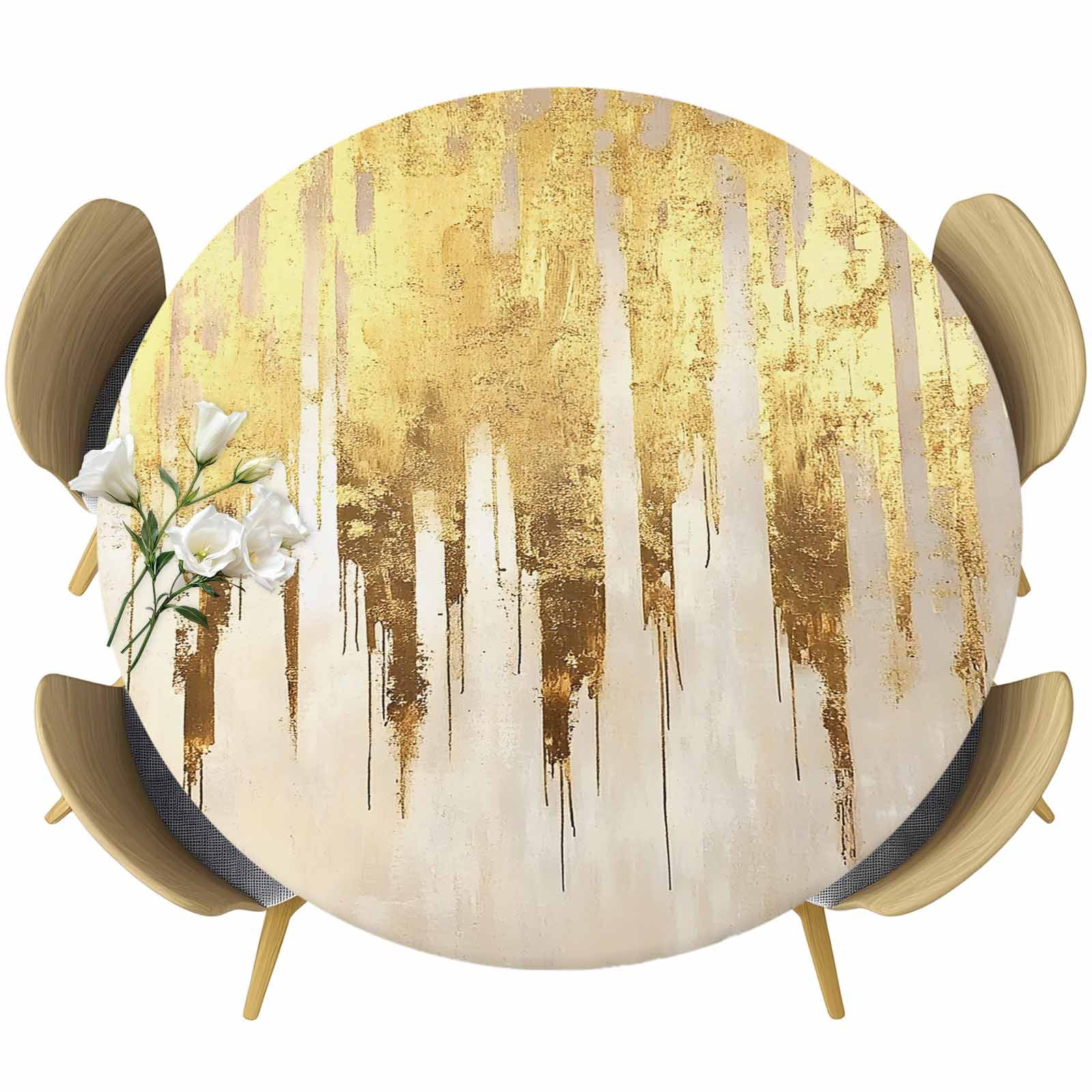 Abstract Gold Round Tablecloth 45-54 Inch Round Fitted Table Cloth with ...