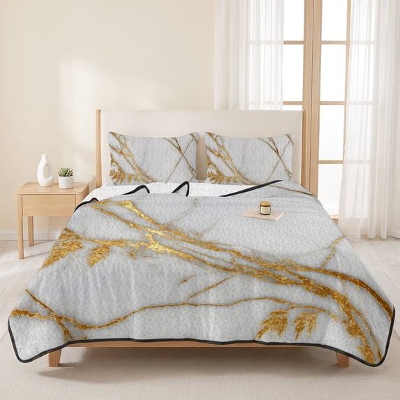 Abstract Gold Stripes Marble Texture 3 Pieces Quilt Set,1 Quilt with 2 ...