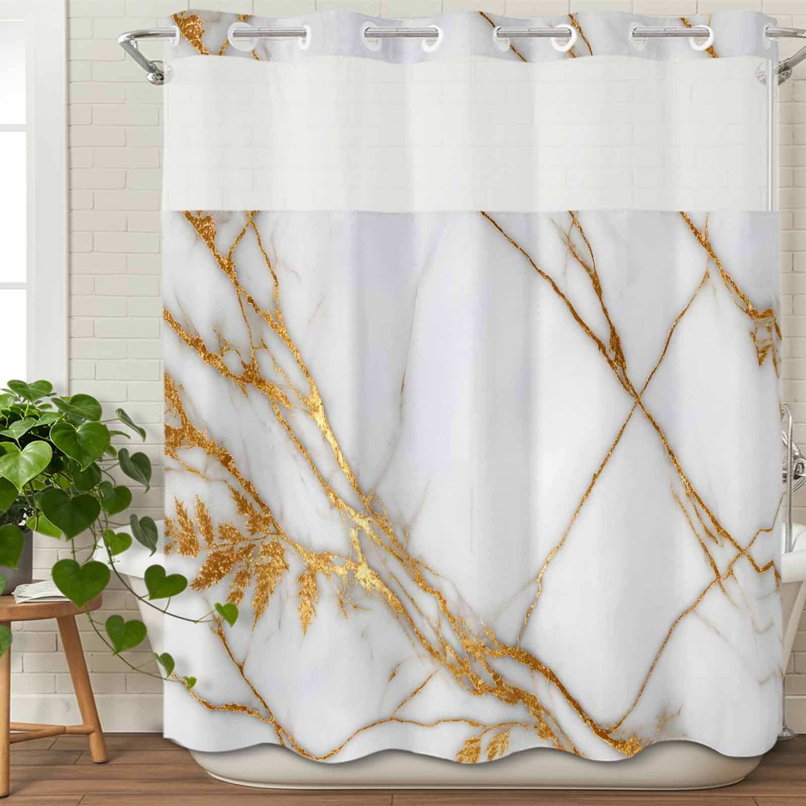 Abstract Gold Stripes Marble Texture No Hook Shower Curtain with Snap ...