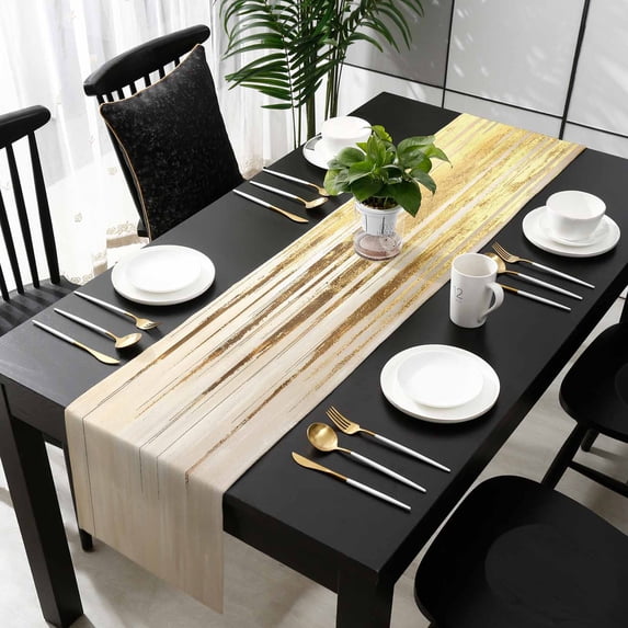 Abstract Gold Table Runner 90 Inches Long, Modern Brush Luxury Strokes ...